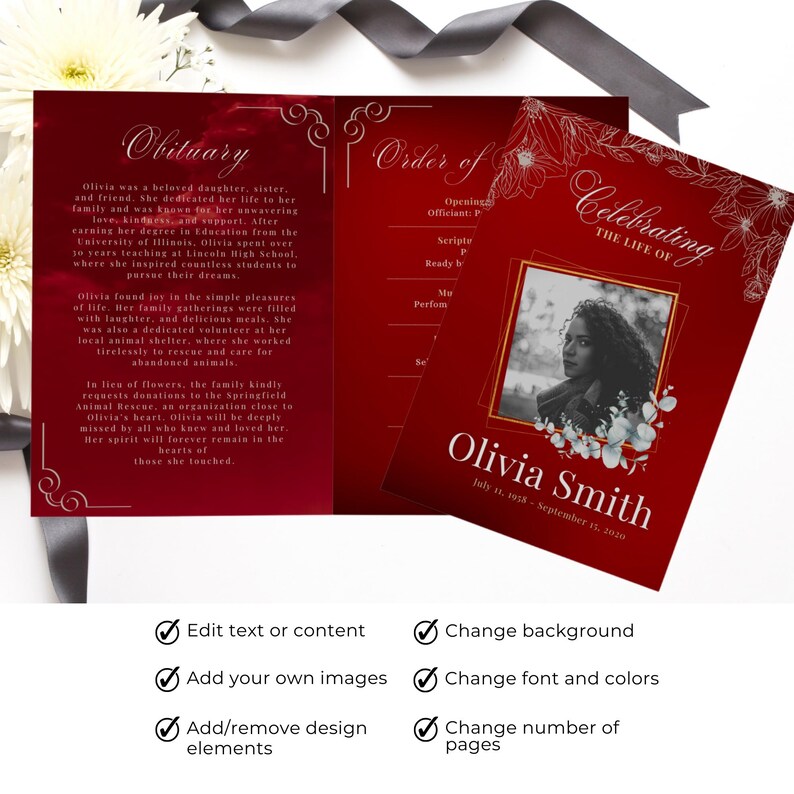 Red Floral Funeral Program Template, Bi-fold Obituary (editable Canva ...