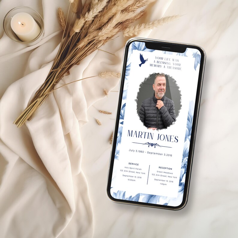 Blue Funeral Invitation Digital Funeral Announcement, Editable Memorial ...