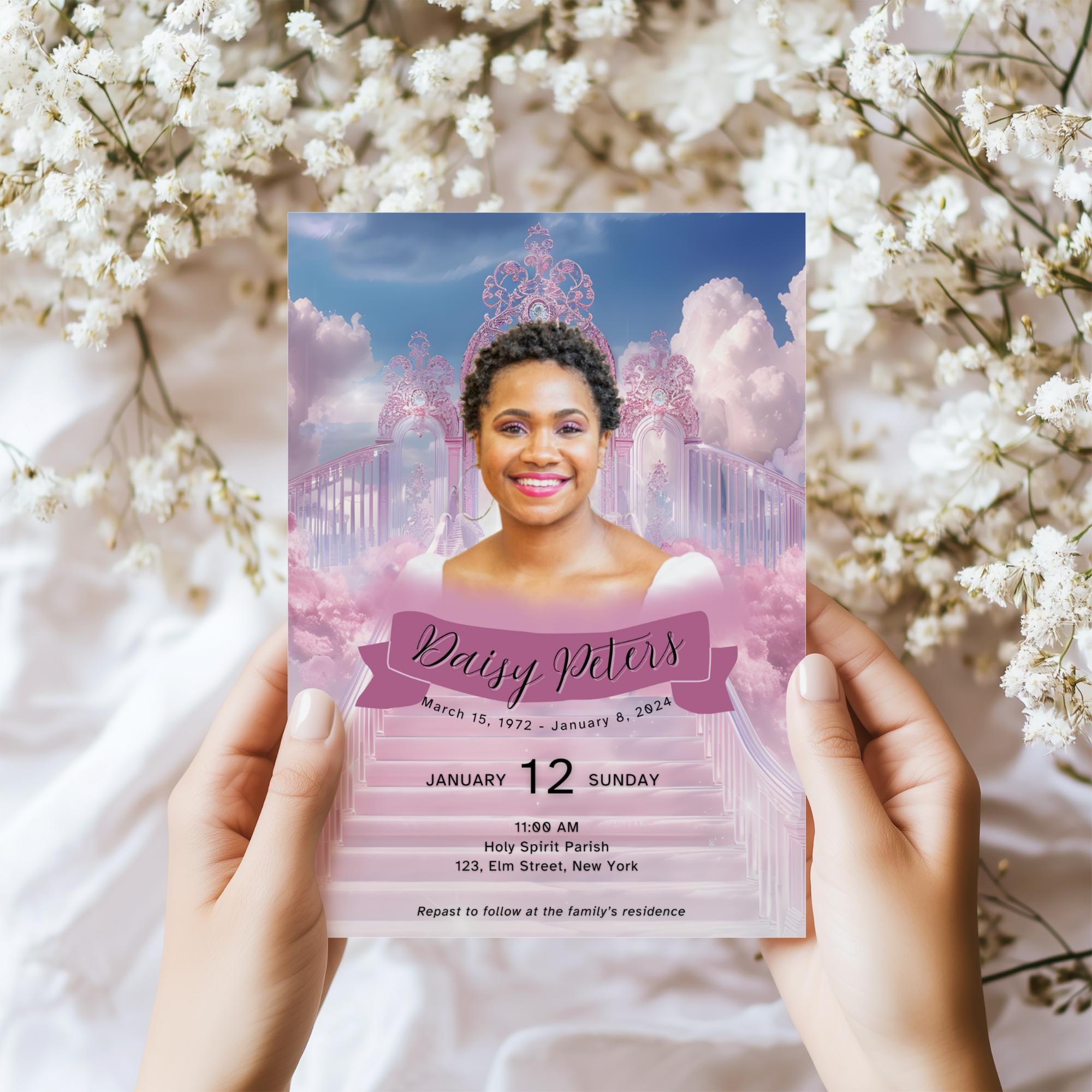 Pink Heavenly Gate Funeral Invitation, Digital Memorial Evite ...