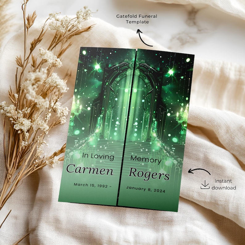 Heavenly Gate Fold Funeral Program Canva Template Editable Green ...