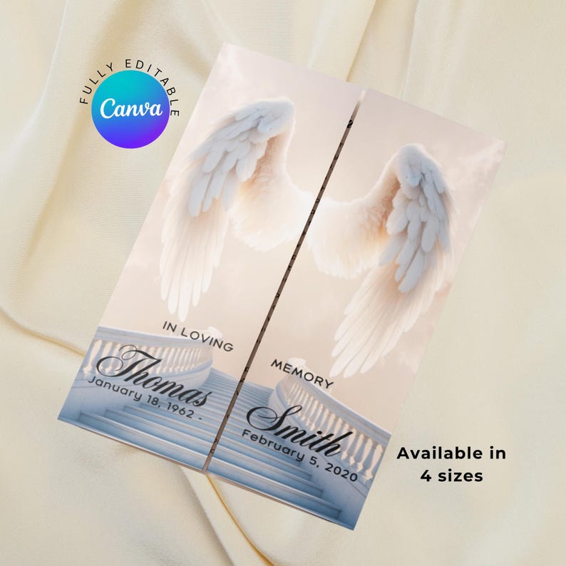 Angel Wings Gatefold Funeral Program Canva Template, Custom Obituary ...