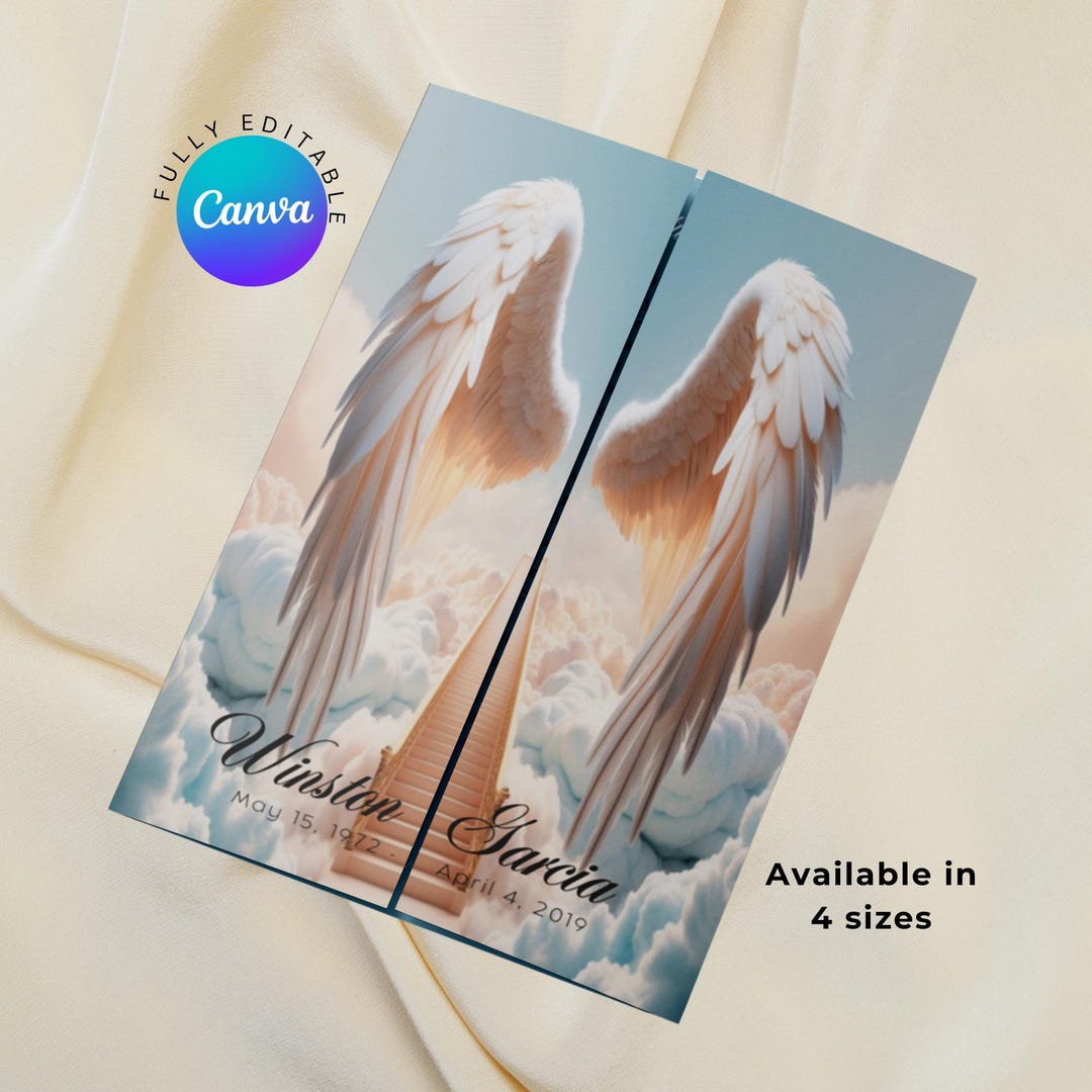 Gatefold Funeral Program Template Editable in Canva, Stairway ...