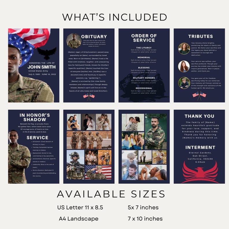 Military Funeral Program Canva Template Patriotic Memorial Service Army ...