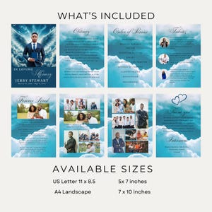 Heavenly Funeral Program Canva Template Editable Blue Memorial Service ...