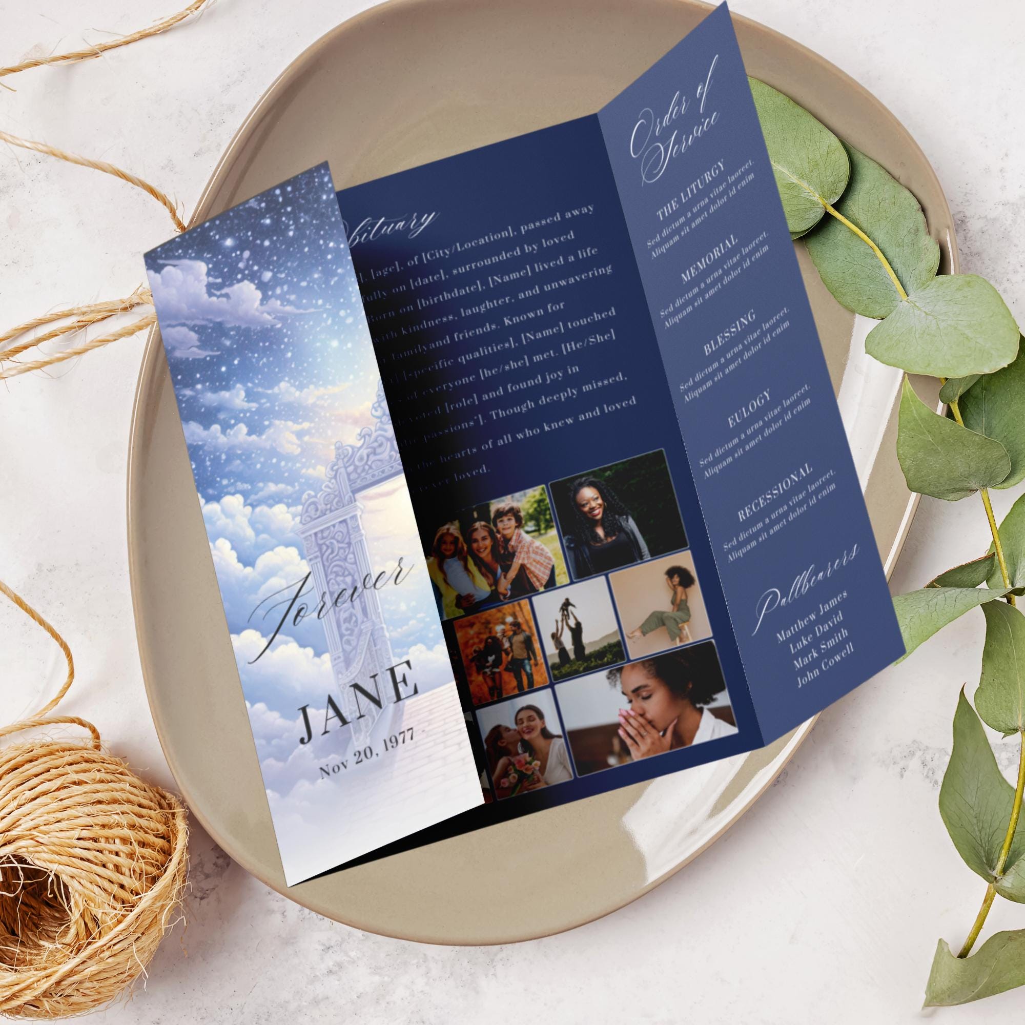 Heavenly Gate Fold Funeral Program Template Editable Canva Template