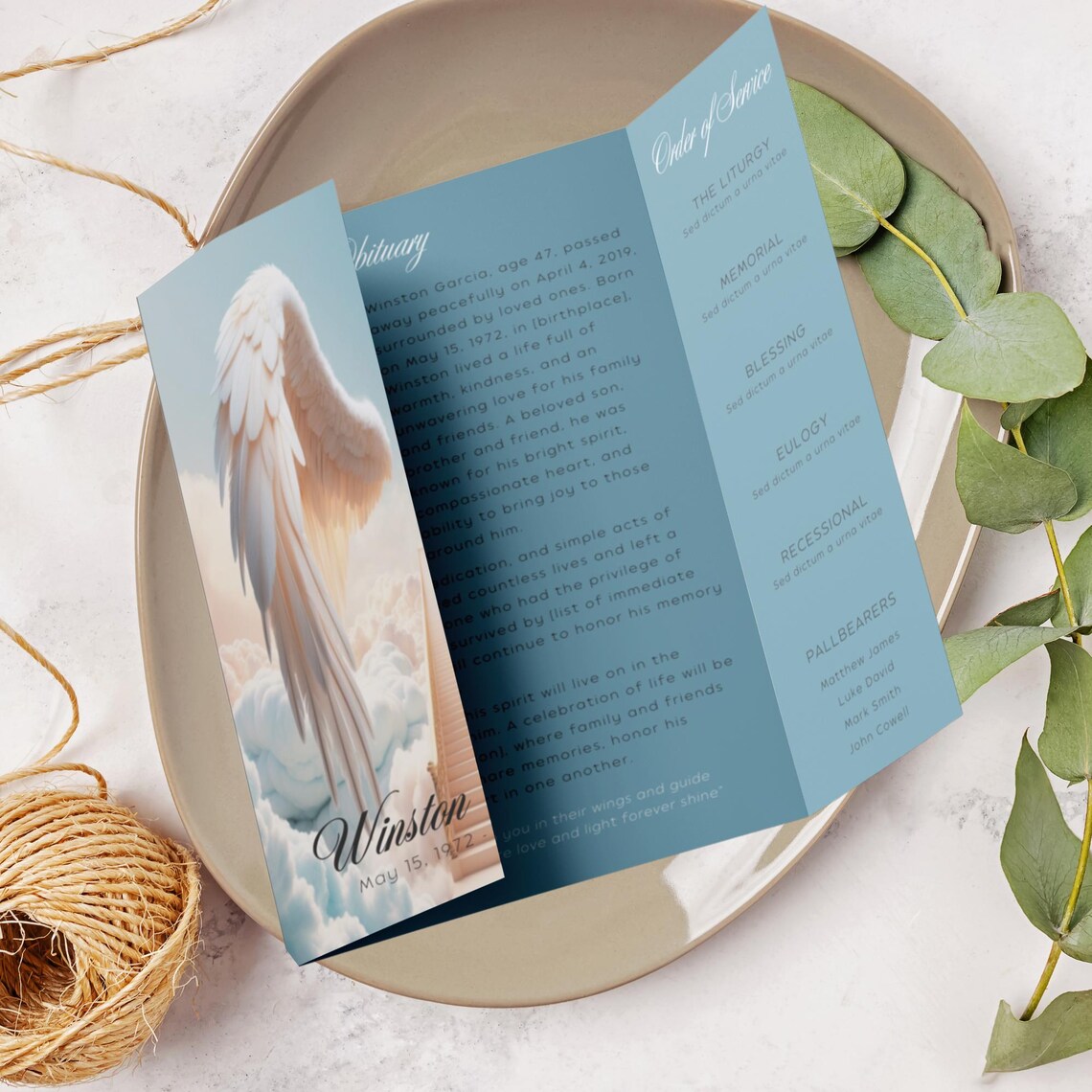 Gatefold Funeral Program Template Editable in Canva, Stairway ...