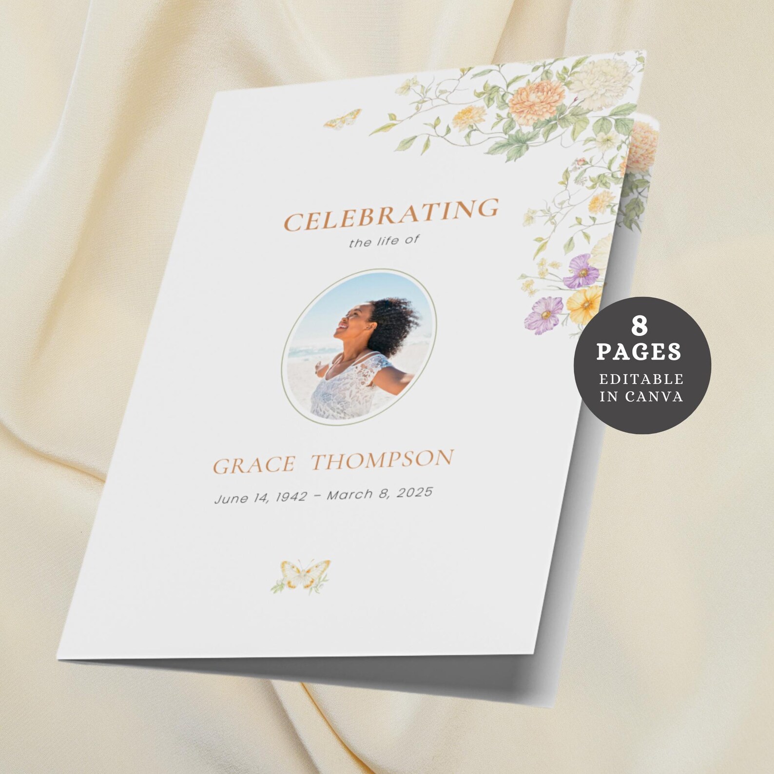 Floral Funeral Program Template, Editable Obituary Brochure (canva) - Etsy