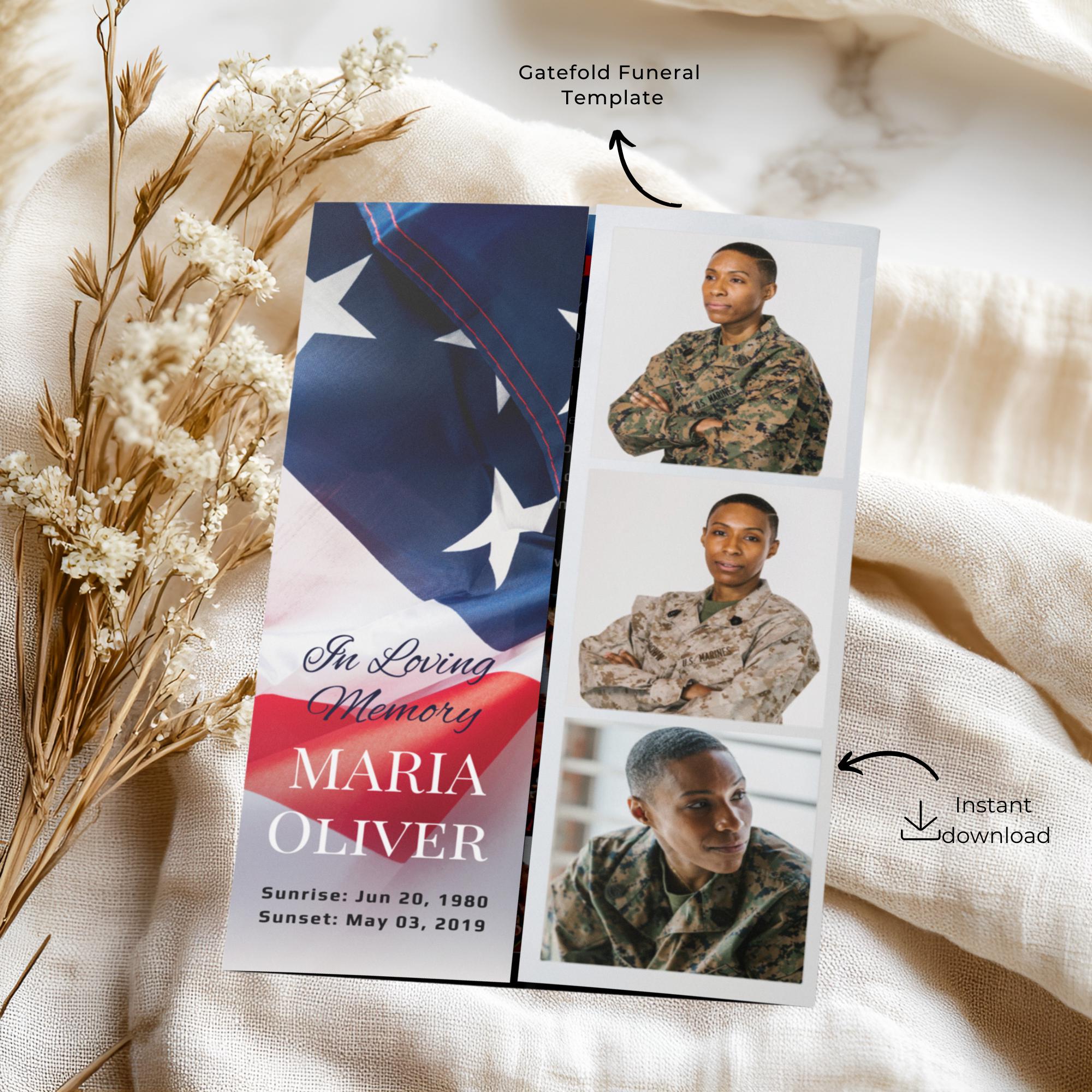 Military Veteran Funeral Program Canva Template Gatefold Patriotic ...