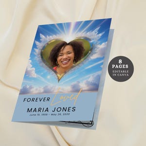 Clouds Funeral Program Template Canva Memorial Service Editable Church ...
