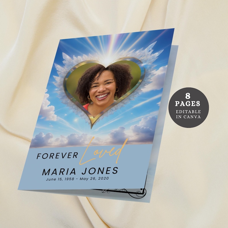 Clouds Funeral Program Template Canva Memorial Service Editable Church ...