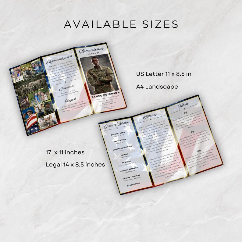 Trifold Military Veteran Obituary Canva Template Editable Funeral ...