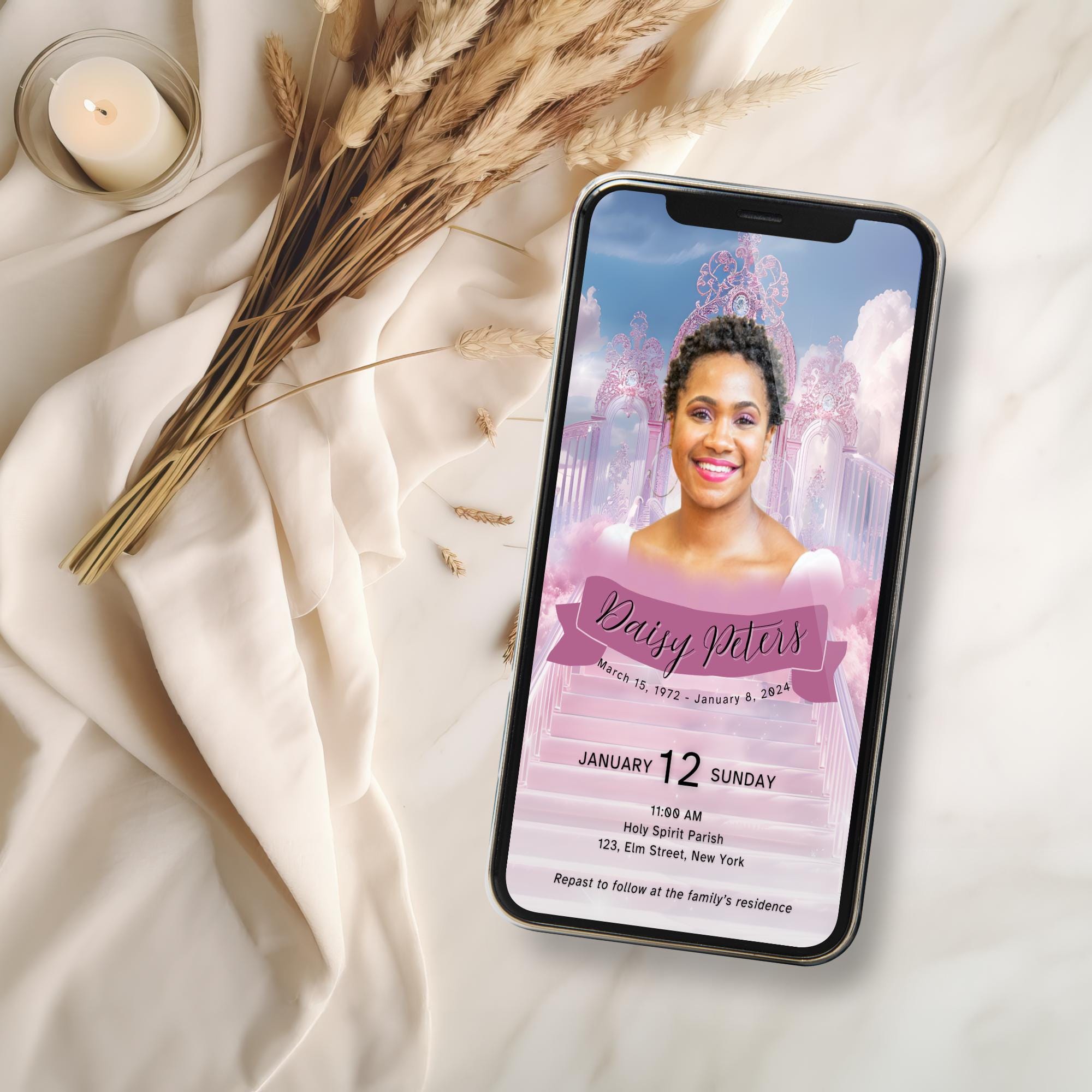 Pink Heavenly Gate Funeral Invitation, Digital Memorial Evite ...