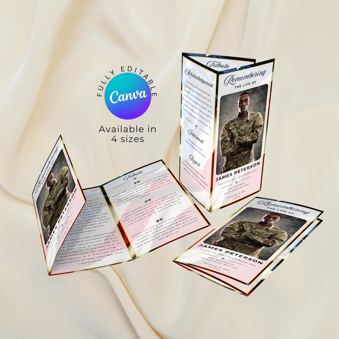 Trifold Military Veteran Obituary Canva Template Editable Funeral ...