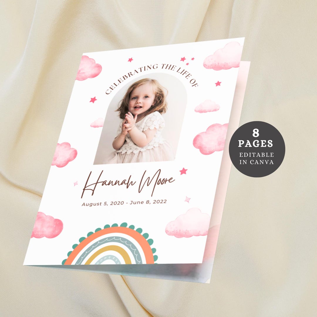 Baby Girl Funeral Program Canva Template Editable Pink Clouds Obituary ...