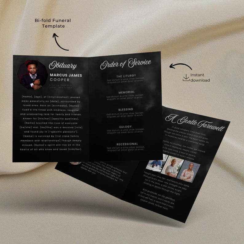 Elegant Funeral Program Canva Template Black Clouds Memorial Service ...