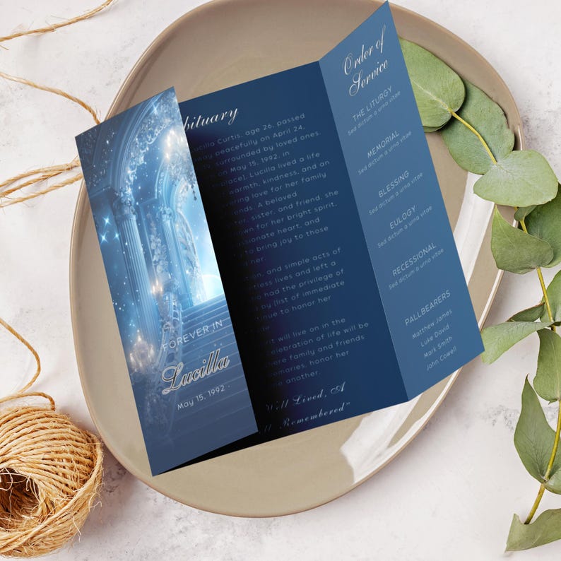 Blue Heavenly Gatefold Funeral Program Template Editable Canva Obituary