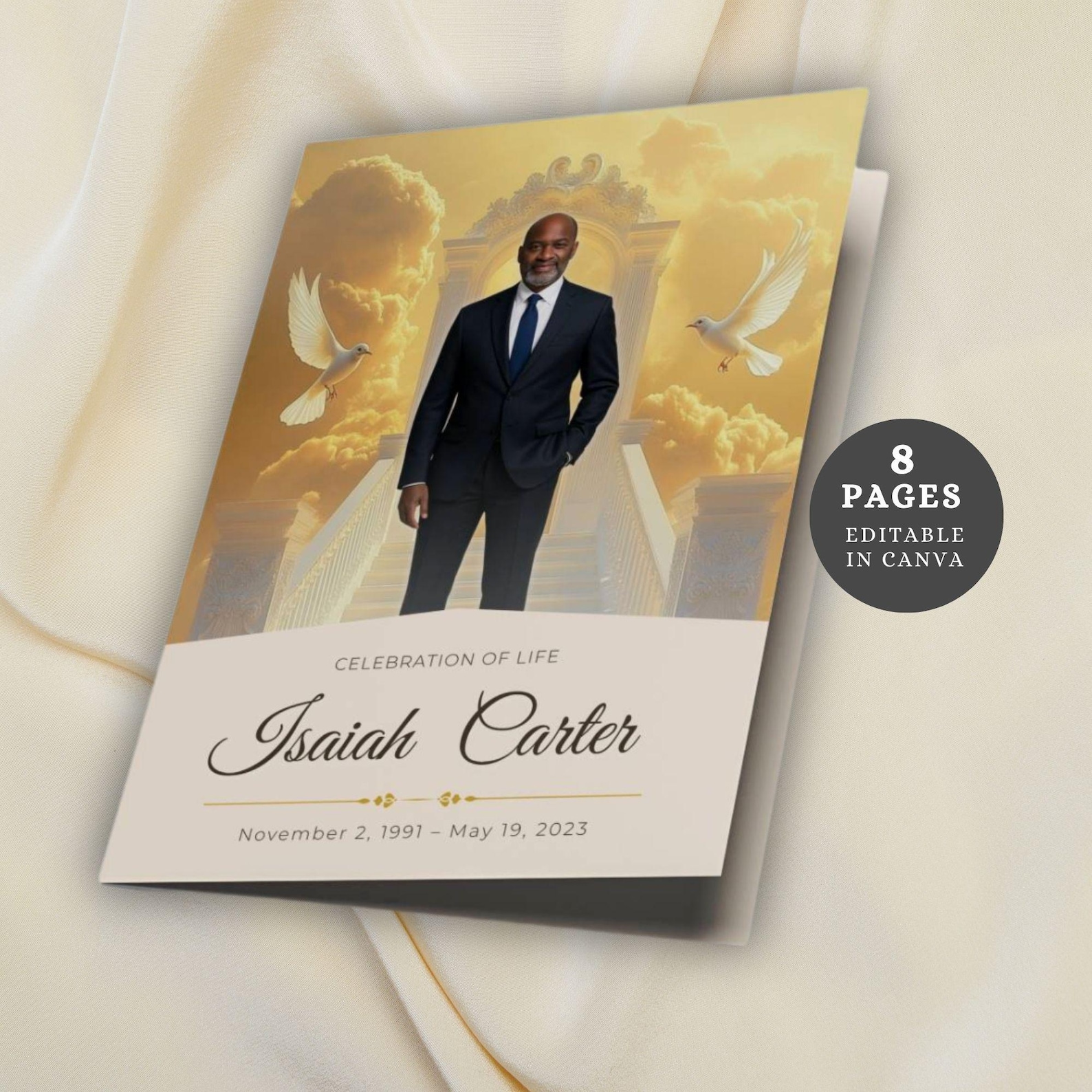 Heavenly Clouds Funeral Program Template, Yellow Bifold Obituary for ...