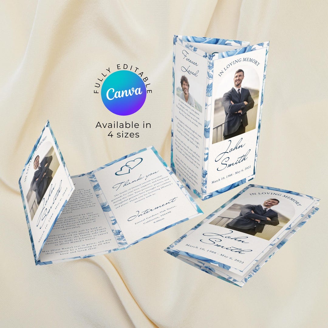Blue Trifold Funeral Program Canva Template Editable Homegoing ...