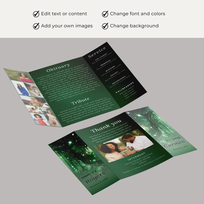 Heavenly Gate Fold Funeral Program Canva Template Editable Green ...