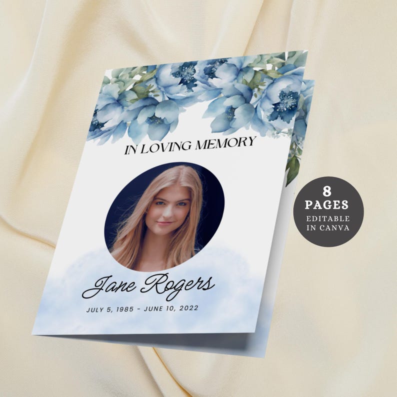 Blue Funeral Program Canva Template Floral Memorial Ceremony Program ...