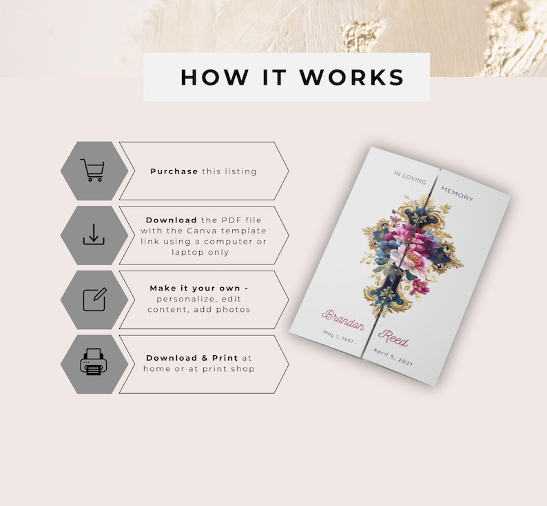 Funeral Program Gatefold Template, Baroque Cross Design, Editable Canva ...