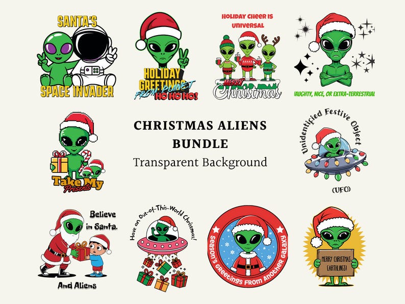 Funny Christmas PNG Quirky Alien PNG Bundle Festive Holiday Designs ...