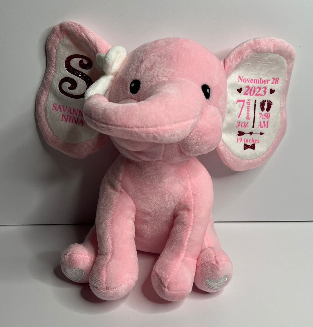 Personalized Pink Elephant Baby Birth Stats Pink Plush Elephant Baby ...