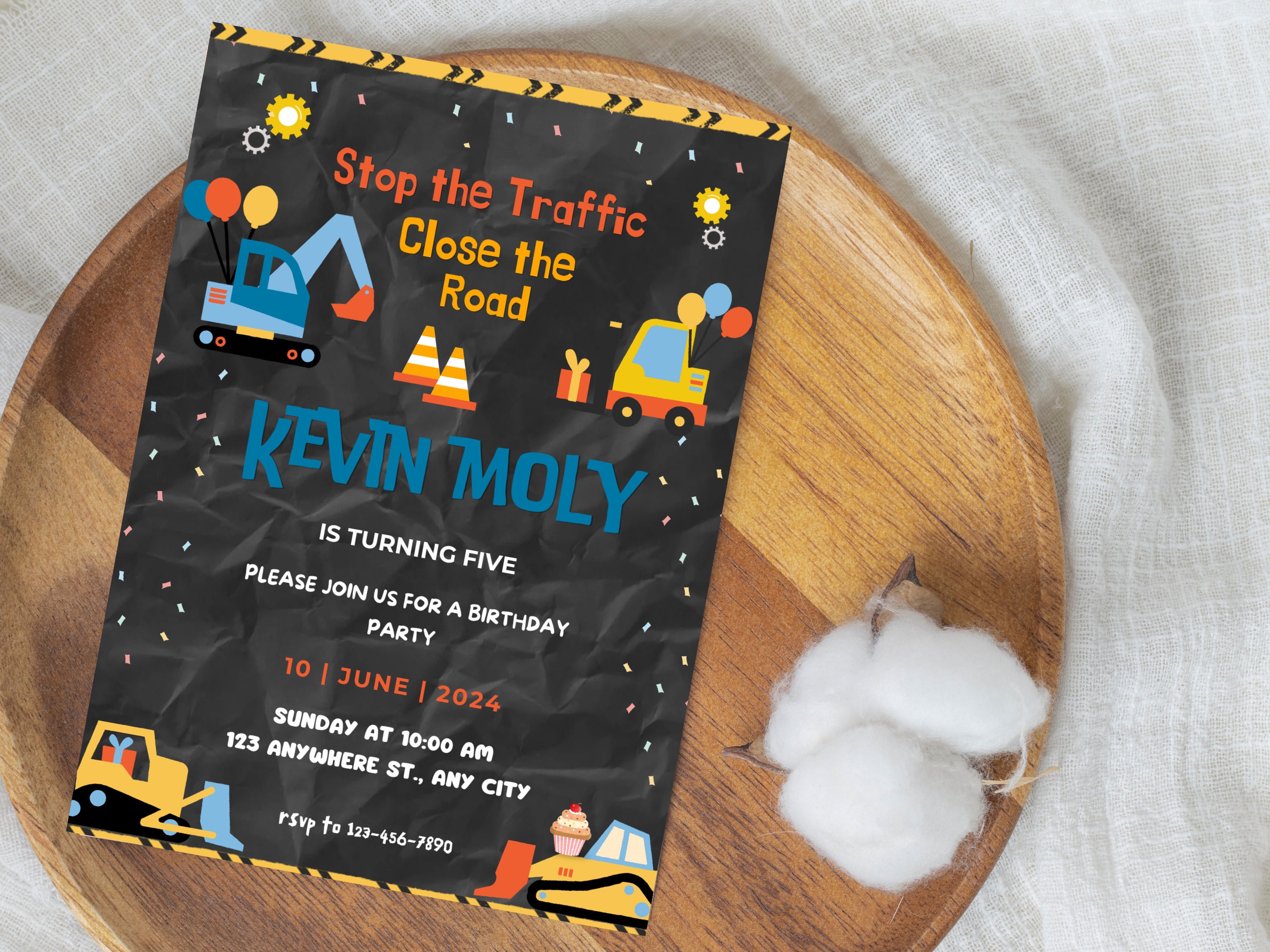 Construction Vehicle Cartoon Birthday Invitation Template Editable Kids ...