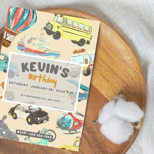 Animated Vehicles Birthday Invitation Personalized Kids Party Invite ...