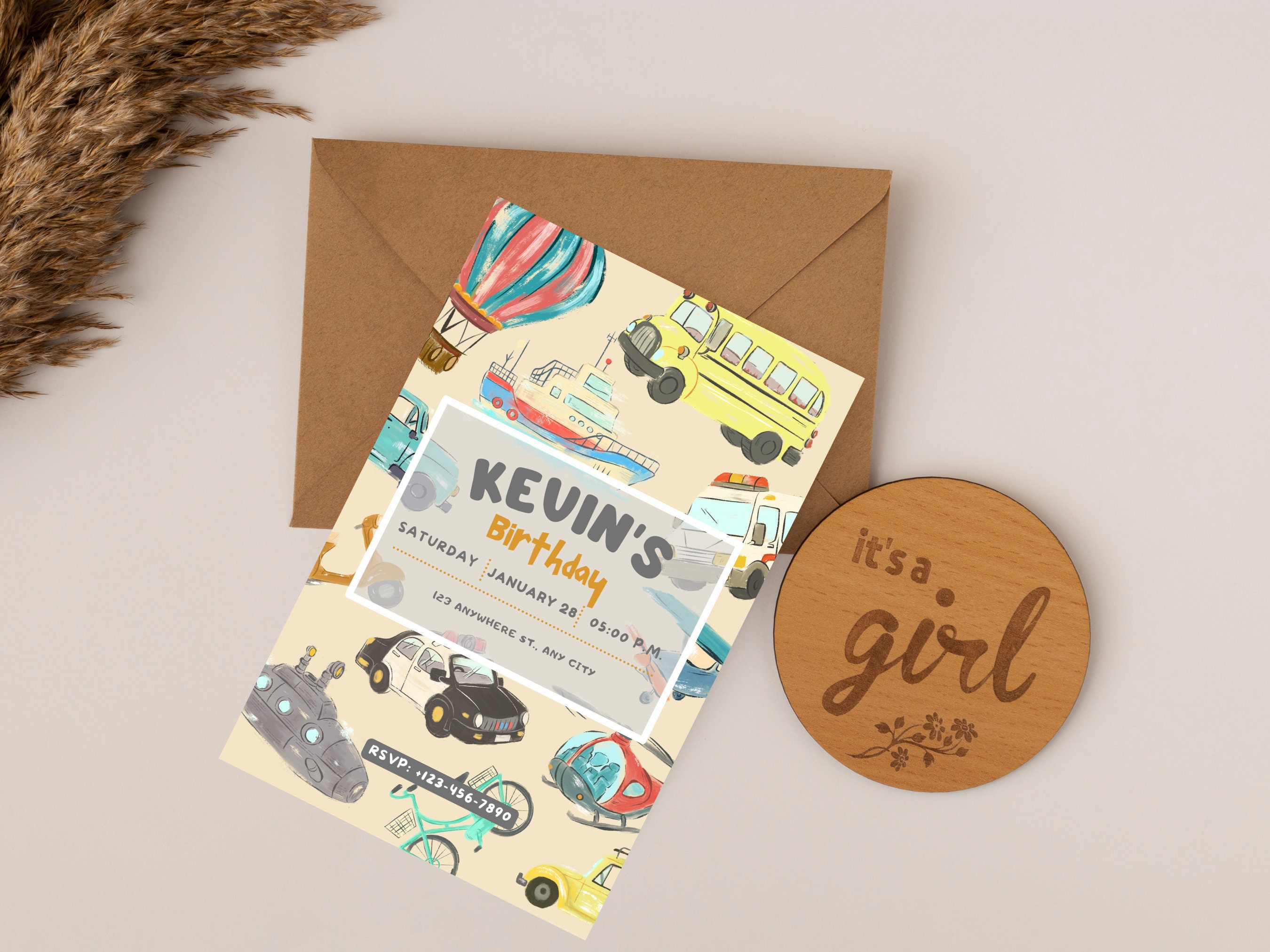Animated Vehicles Birthday Invitation Personalized Kids Party Invite ...