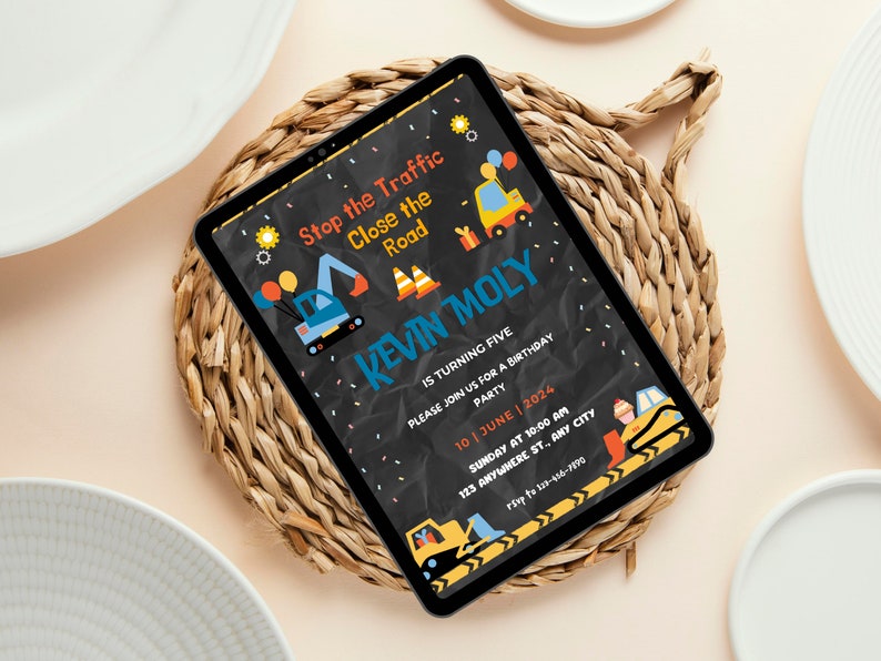 Construction Vehicle Cartoon Birthday Invitation Template Editable Kids ...