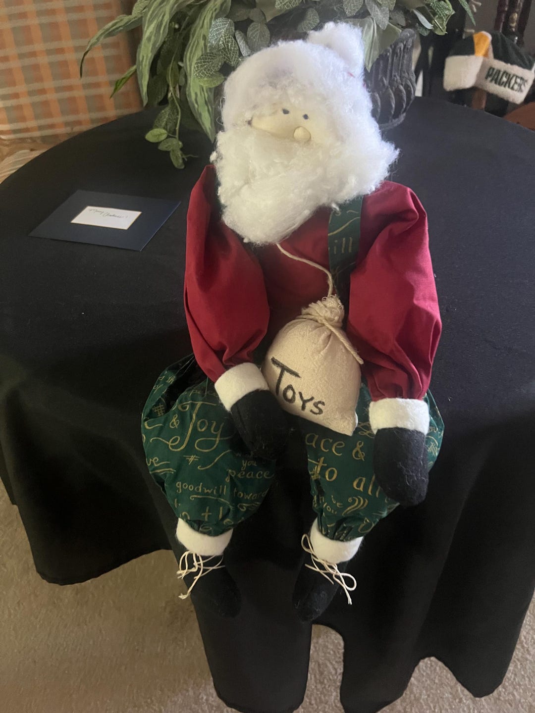 Vintage 2 Handmade Shelf Sitting Santa With Green Pants With Suspenders ...