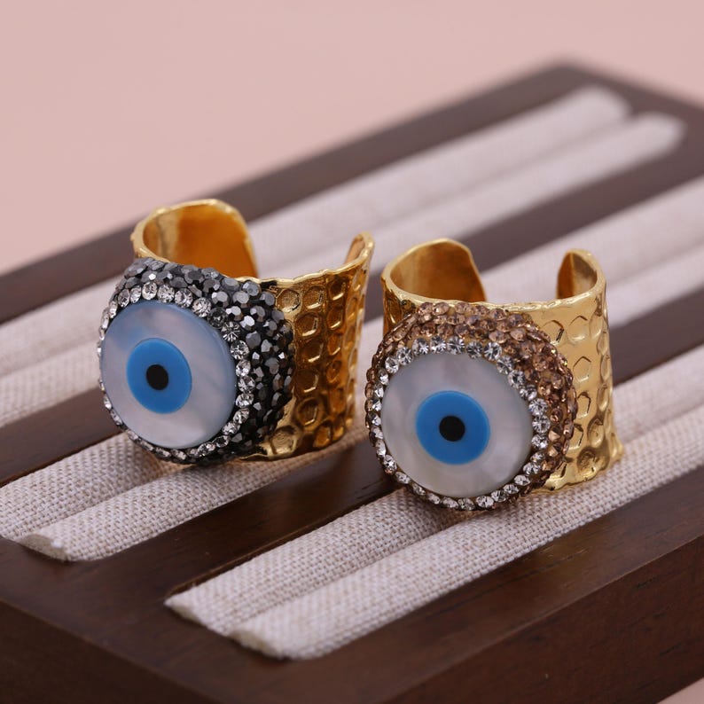 Natural White Shell Evil Eyes Rings, Handmade Crystal Diamond ...