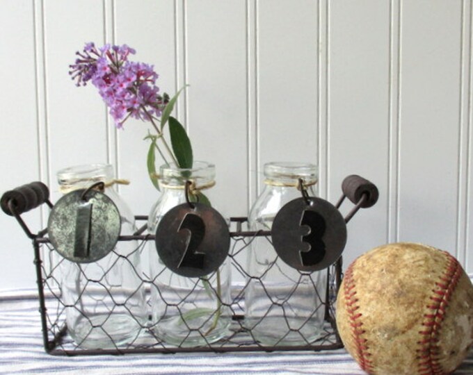 Chicken Wire Basket With 3 Bottle Vases and Black Numbered Metal Tags ...