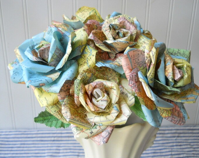 6 Vintage Map Paper Roses With Leaves for Vase or Bouquet Making ...