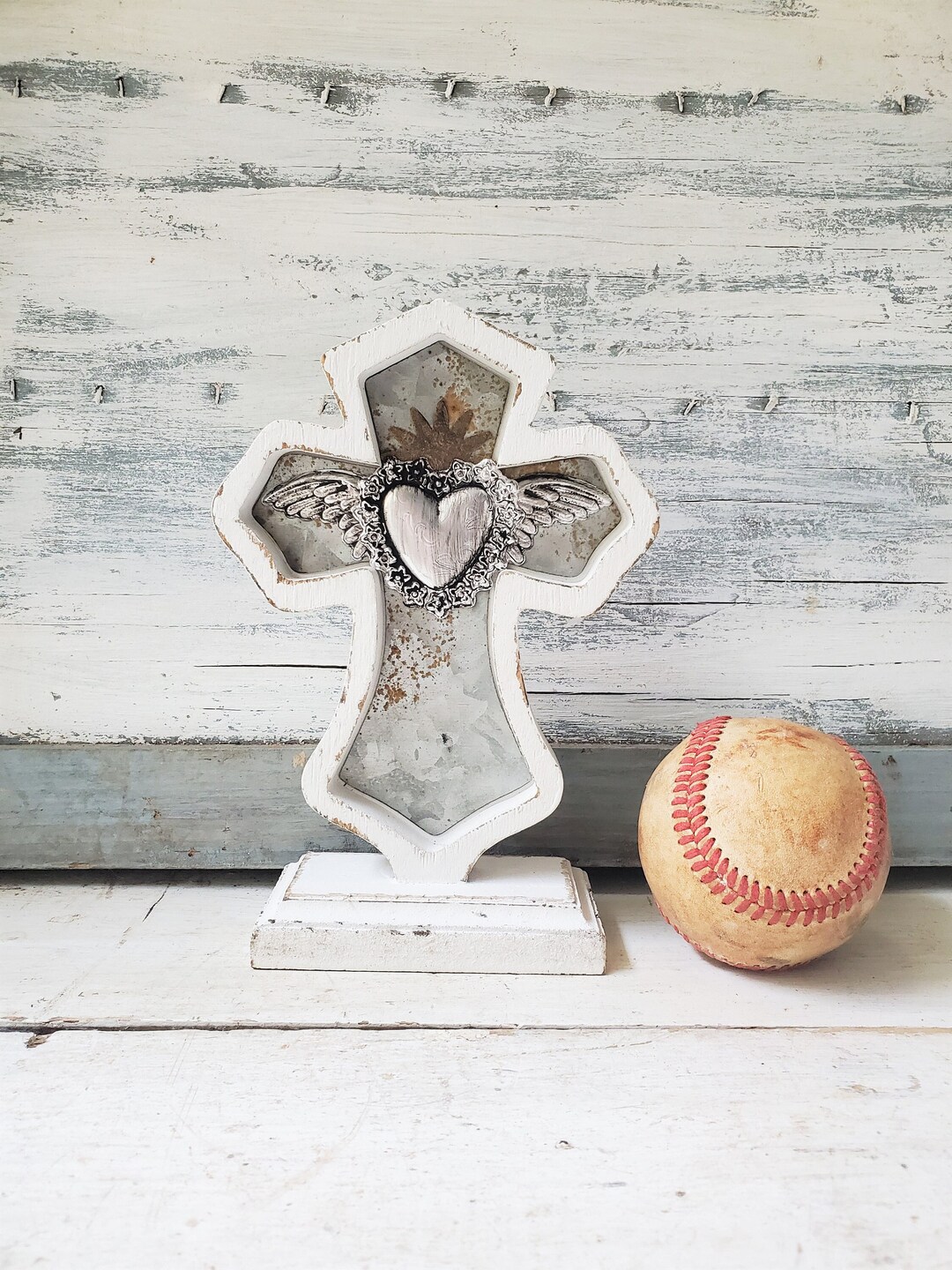 Ex Voto Winged Heart Cross, Rustic Standing Cross , White Wood and ...