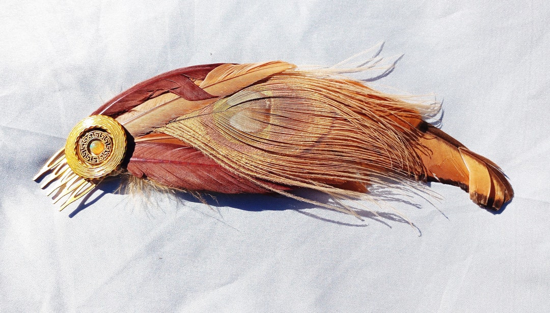 Brown Feather Hair Comb With Mexican Opal Gemstone - Etsy