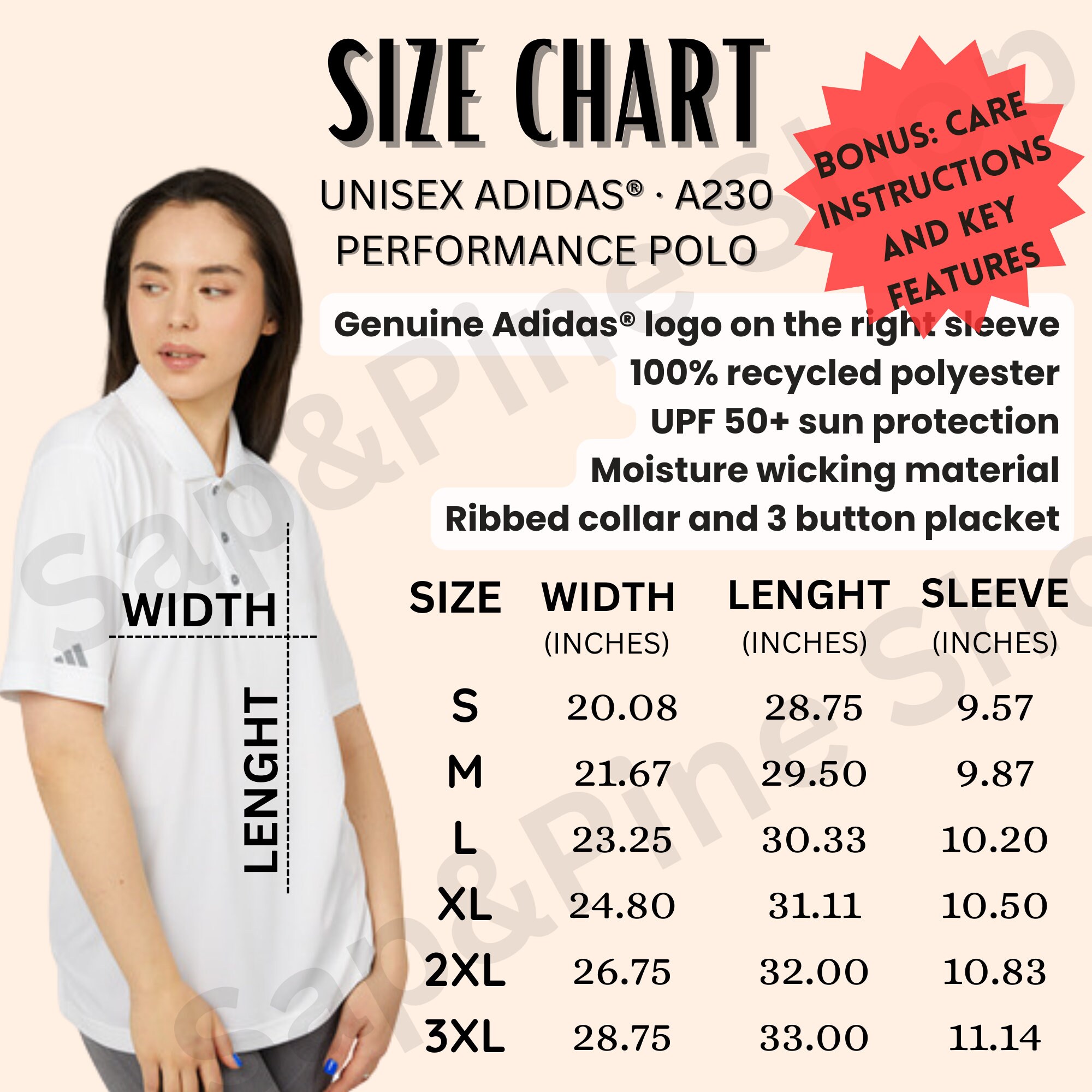 Digital Custom Adidas® Unisex Performance Polo Size Chart, Adidas® A230 ...