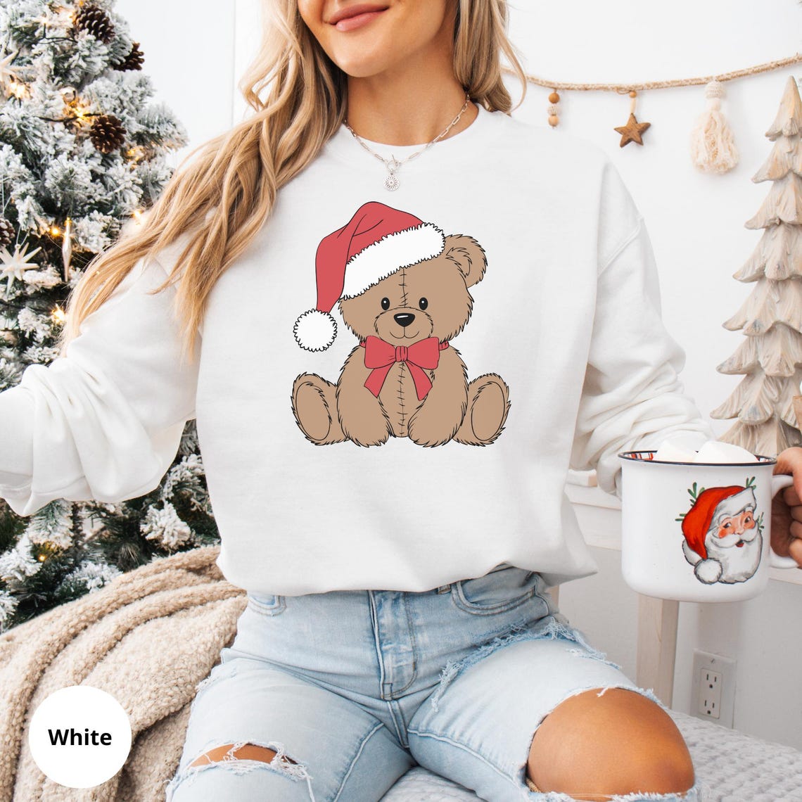 Teddy Bear Christmas Graphic Sweatshirt, Cute Christmas Crewneck ...