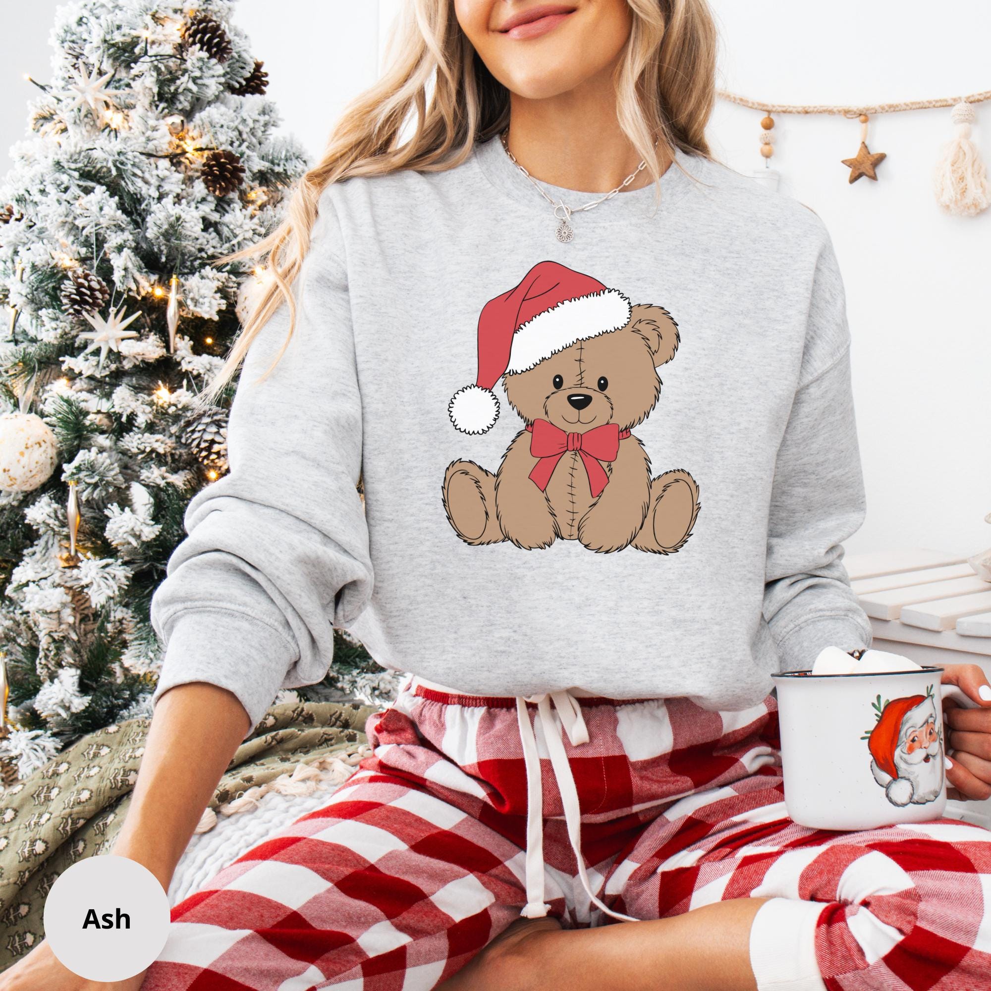 Teddy Bear Christmas Graphic Sweatshirt, Cute Christmas Crewneck ...