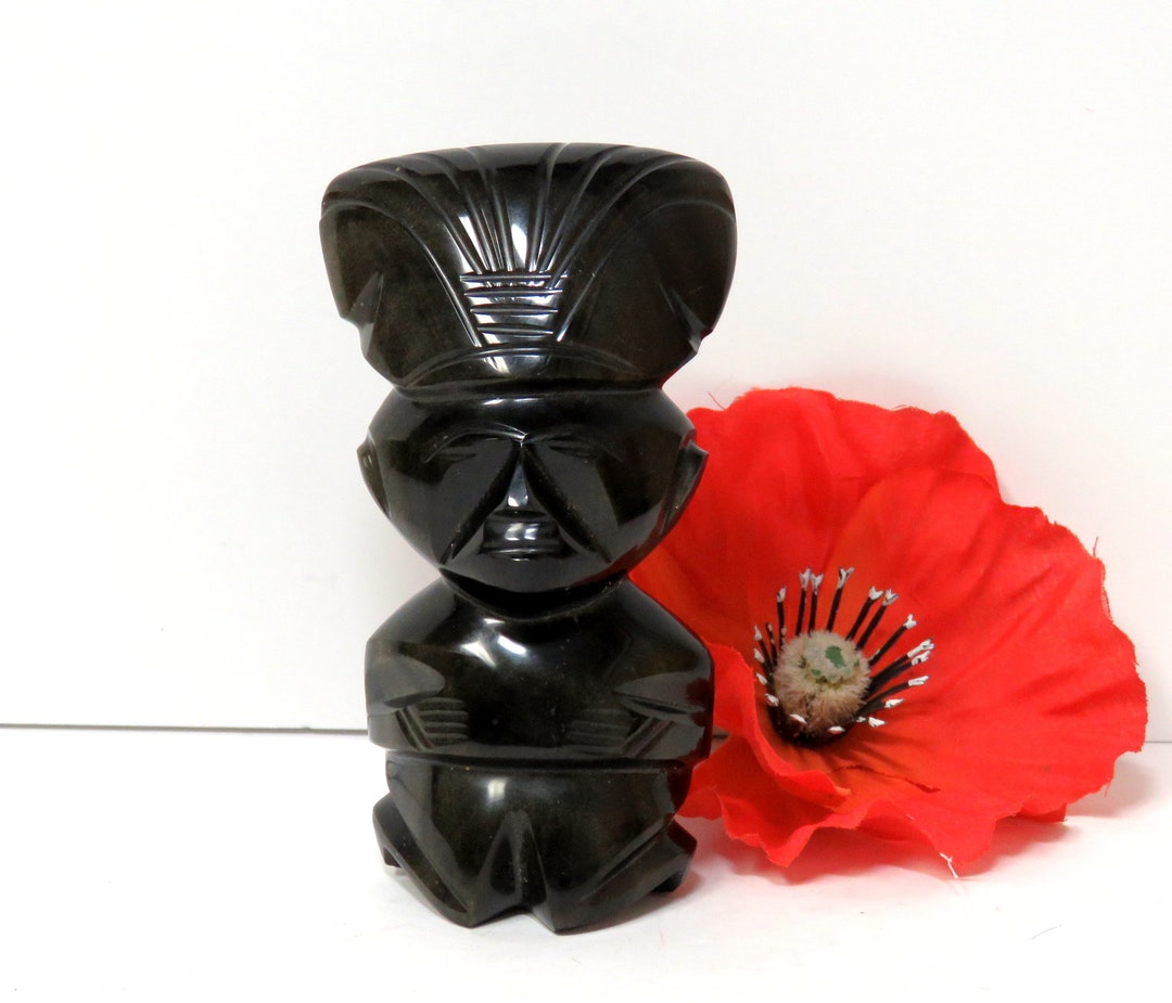 Carved Stone Mayan Aztec Incan Figure/ Gold Sheen Black Obsidian Statue ...