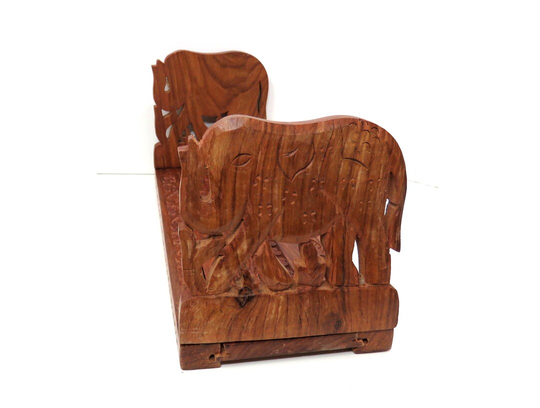 Elephants Carved Wood Adjustable Book Rack/ Made in India Vintage Boho ...