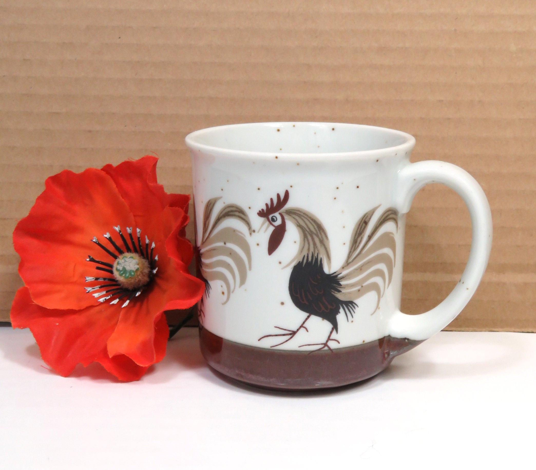 Travel Mugs Vintage Pottery Brown Off White Speckled Chicken Rooster ...
