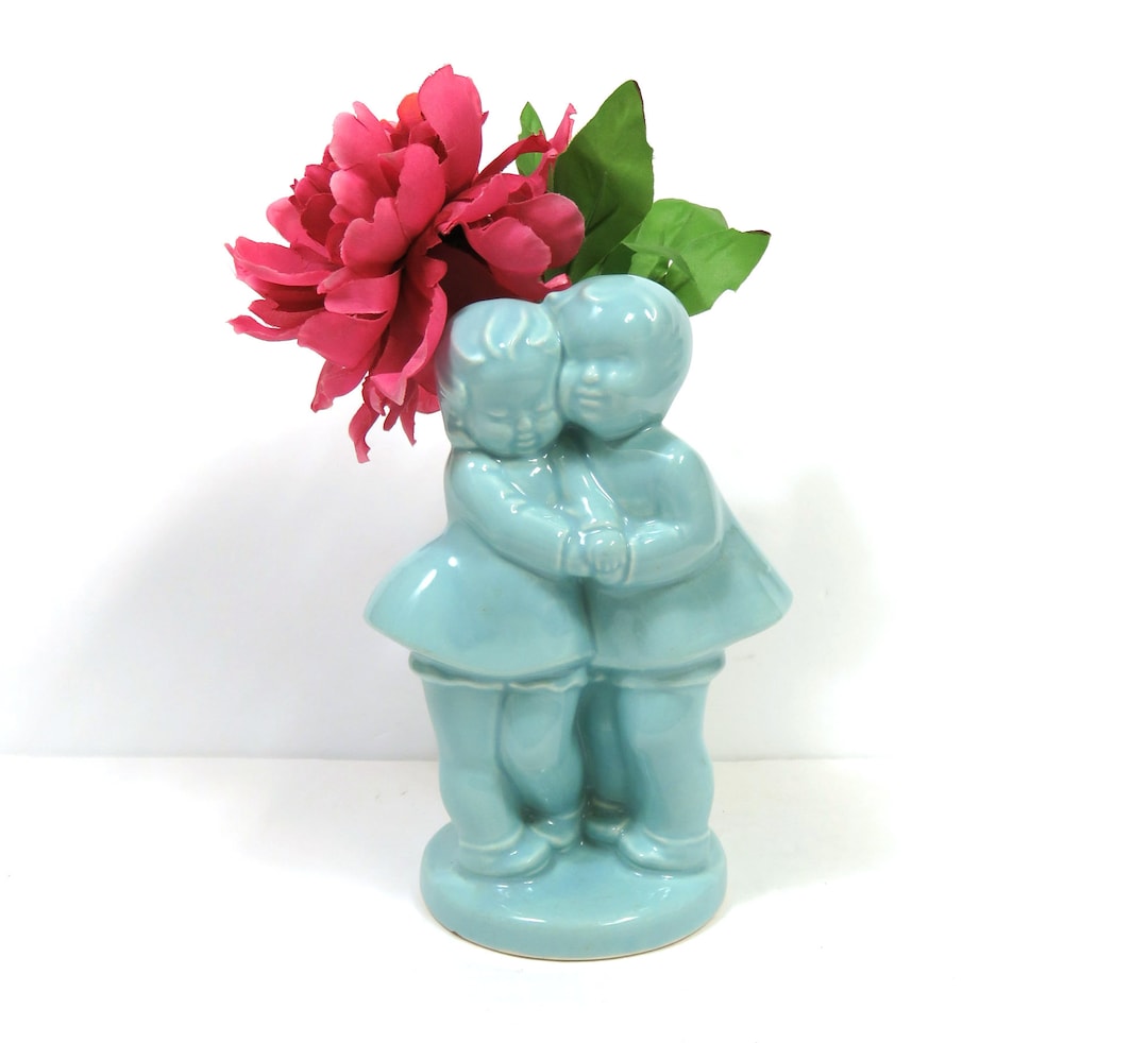 Baby Blue Pottery Boy and Girl Planter or Vase/ Cute Vintage ...
