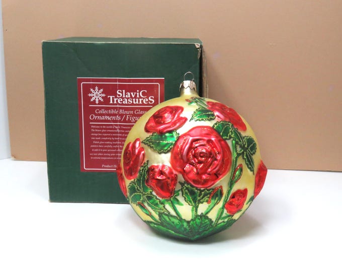 Slavic Treasures Red Roses 5" Blown Glass Christmas Ornament/ 1999 Full ...