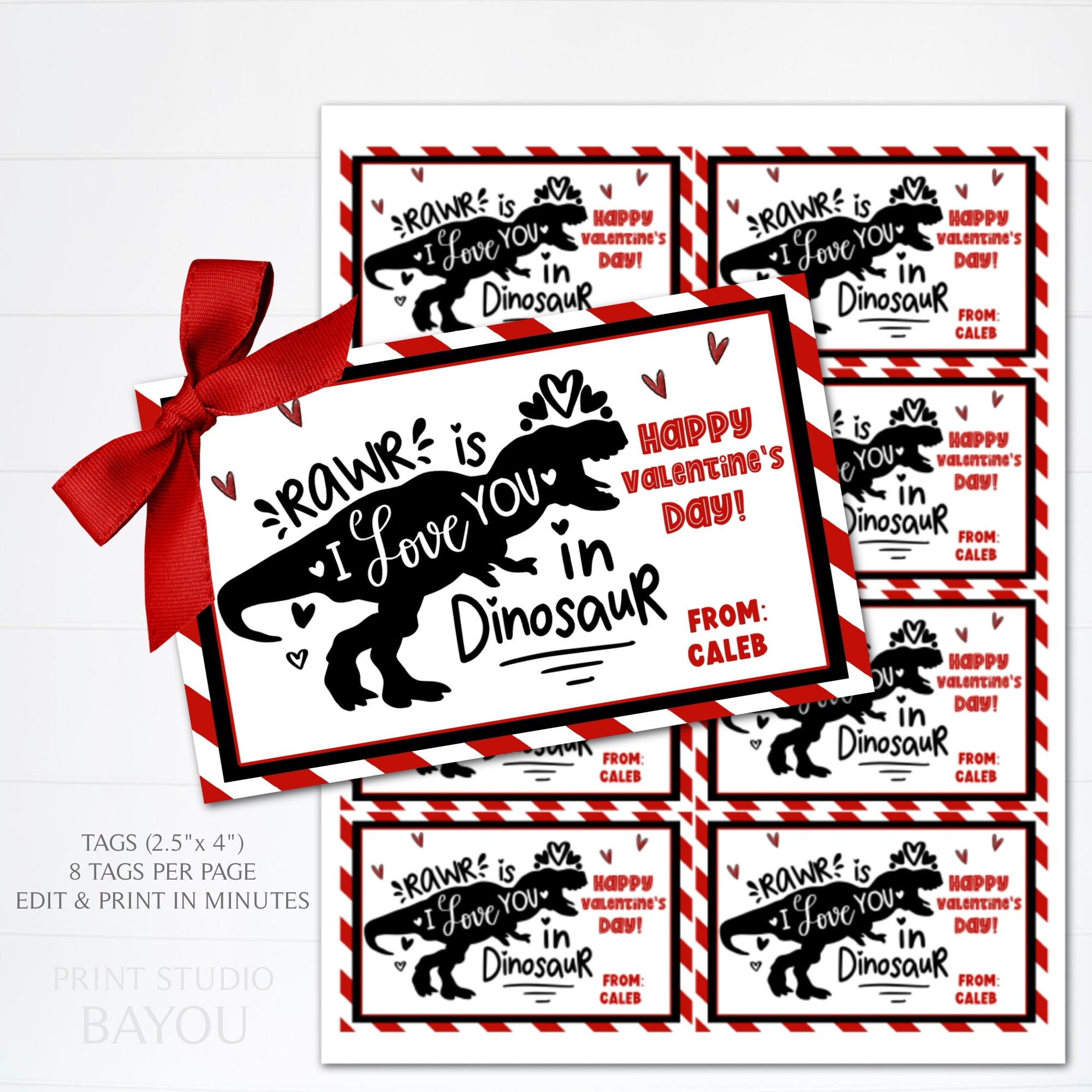 Printable T-rex Valentine Favor Tags, Goody Bag Tags, Classroom Party ...