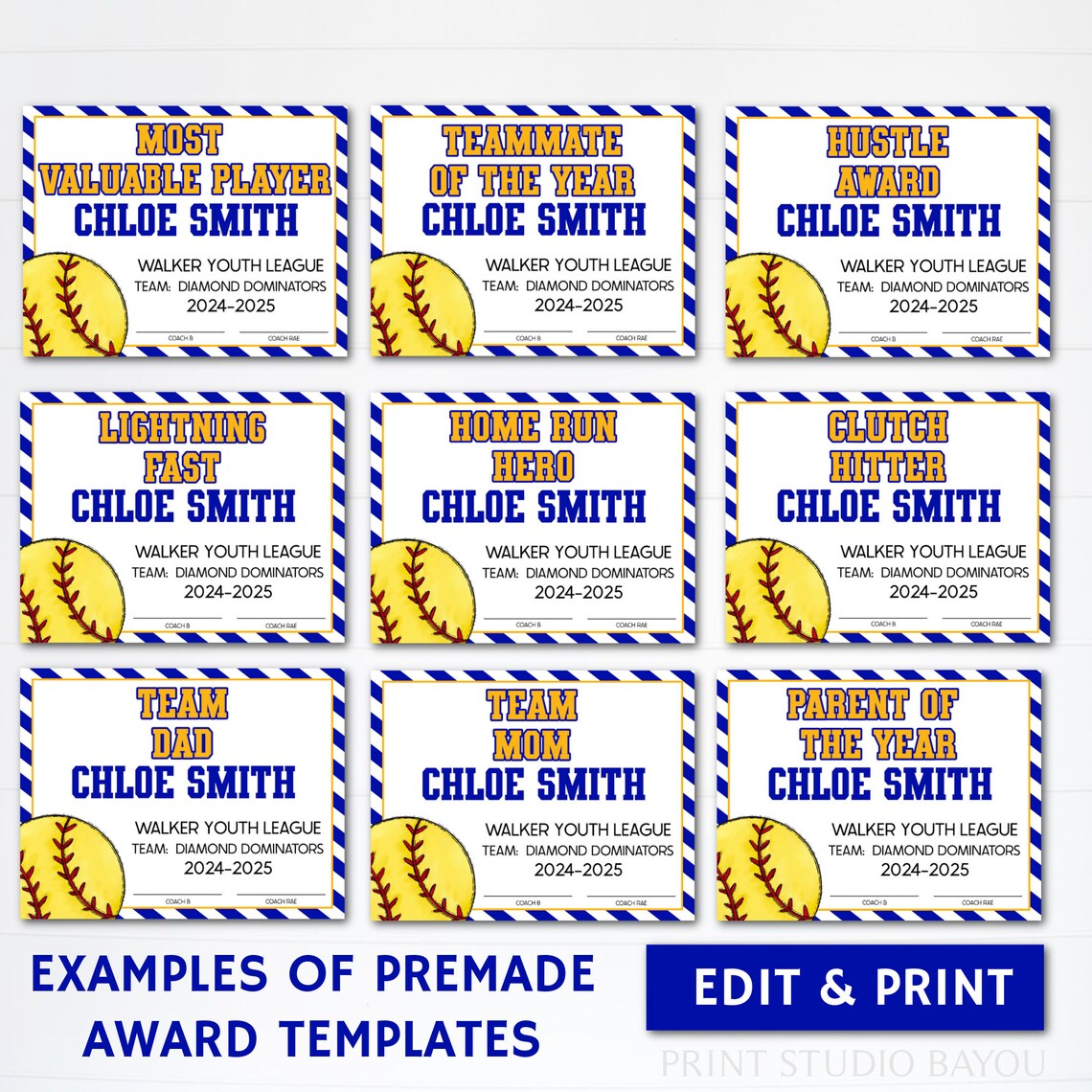 PRINTABLE Softball Award Certificates, Softball End of Season ...