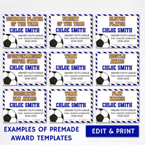 PRINTABLE Soccer Award Certificates, Soccer End of Season Certificates ...