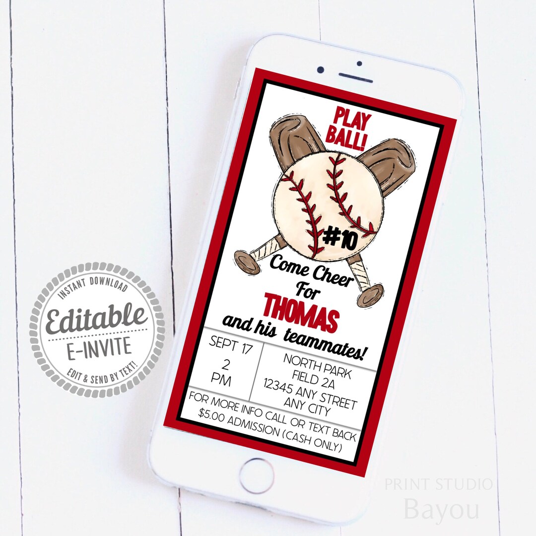 Editable Baseball Game Day Smartphone Invite, Game Details Text ...
