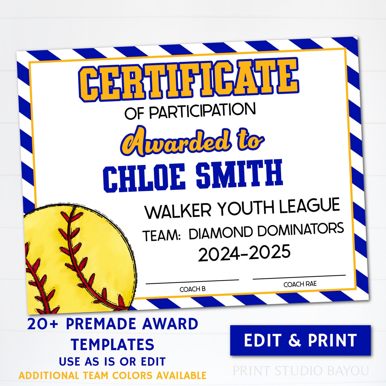 Printable Softball Award Certificates, Editable Softball End of Season ...